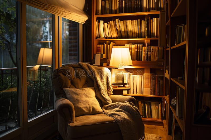 Home Library Corner with a Comfortable Seat, Soft Lighting, and a Large ...