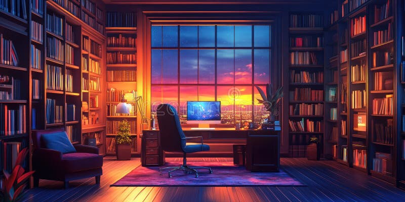 Home Library with Large Windows: Bookshelves and Potted Plants, Study ...