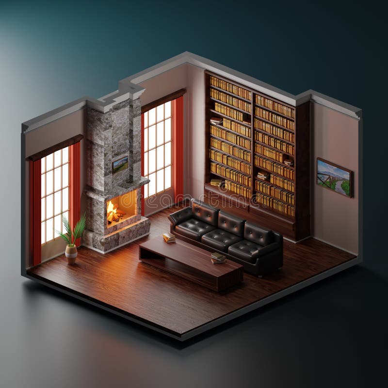 Home Library Room Design. Interior of Library House with a Fireplace ...