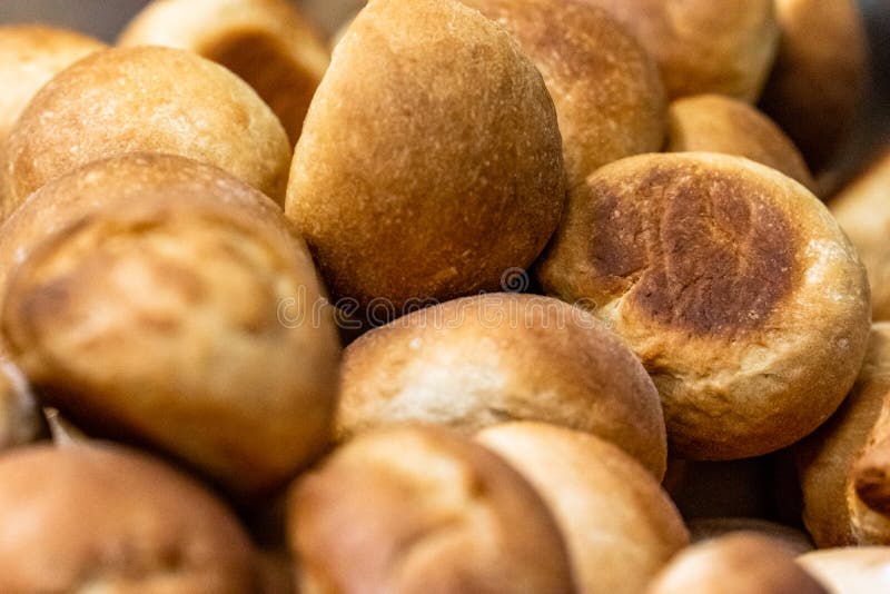 Home Made Bread Buns in Round Shape with Crunchy Brown Crust Stock ...