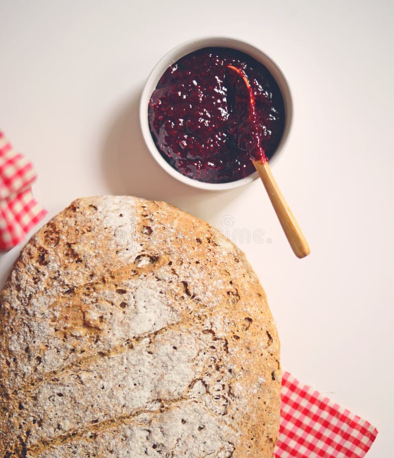 Home Made Bread with Raspberry Jam and Coffee Cup - Flat Lay Stock ...