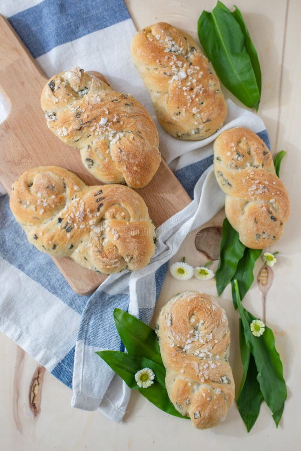 Home Made Bread Rolls with Wild Garlic on a Table Stock Image - Image ...