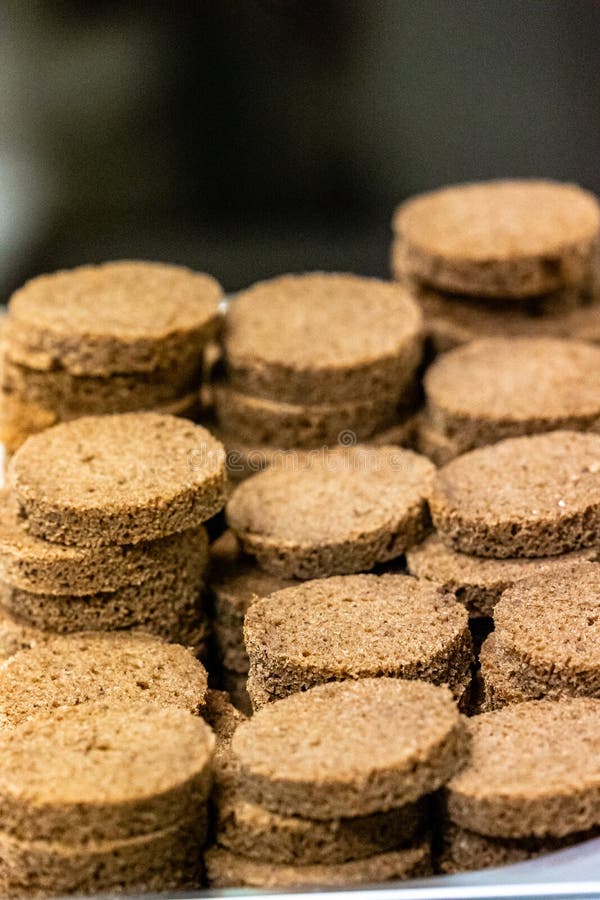 Home Made Bread Slices in Round Shape Put in Stainless Steel Con Stock ...