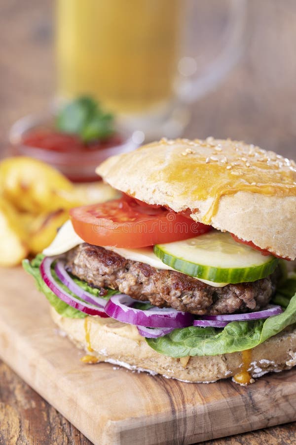 Home made burger stock photo. Image of grilled, fries - 149081338