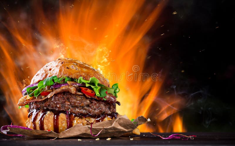 Home Made Burger with Fire Flames Stock Photo - Image of fresh, cuisine ...