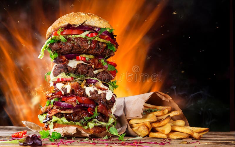 Home Made Burger with Fire Flames Stock Image - Image of macro ...