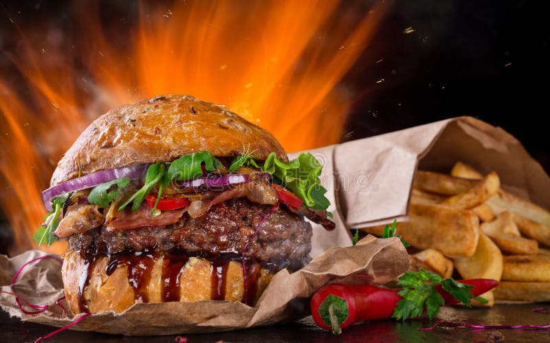 Home Made Burger with Fire Flames Stock Photo - Image of green ...