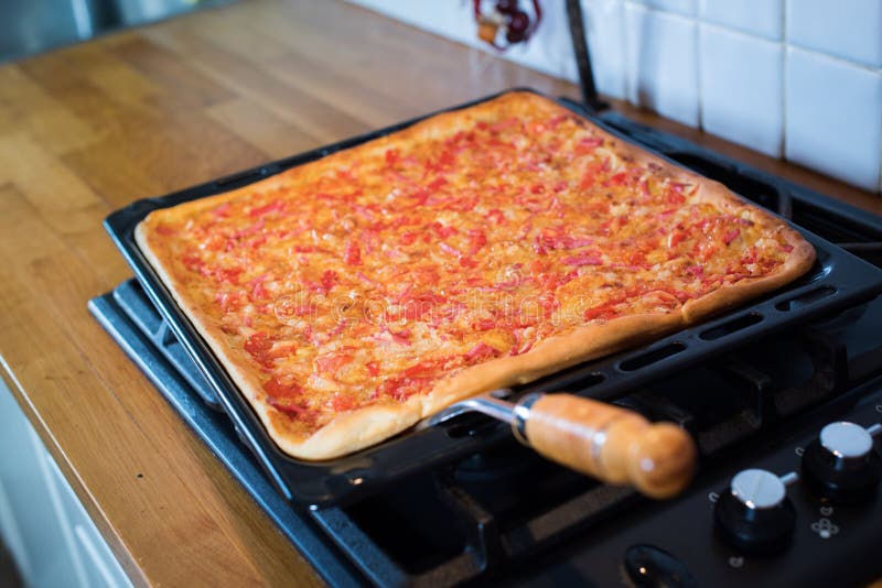 Only Home Made Cooked Pizza from Oven on Table Stock Image - Image of ...