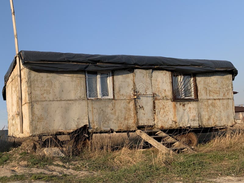 Home Made House for the Poor. Mobile Housing for Builders. Old Rusty ...