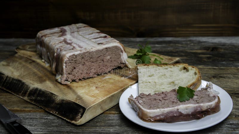 Home Made Pate Wrapped in Bacon from Pork and Liver on Rustic Table ...