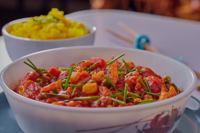 Prawn curry and rice. stock image. Image of chives, aroma - 221051707