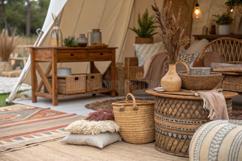 Home Mockup, Nomadic Boho Interior Background with Rustic Decor Stock ...