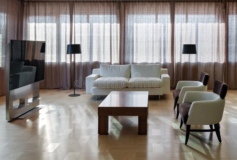 Home Modern Theater Interior with Big Windows Stock Photo - Image of ...