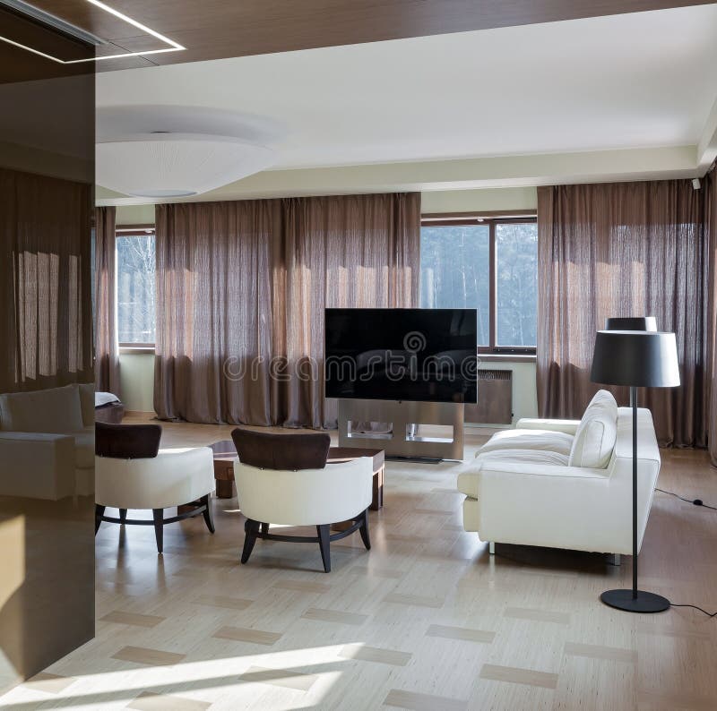 Home Modern Theater Interior With Big Windows Stock Image - Image of ...