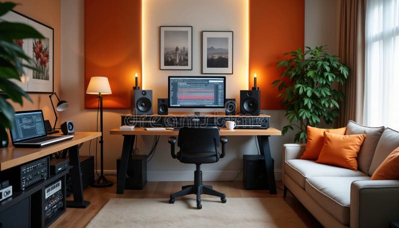 Home Music Studio with Modern Tech Equipment. Computer, Mixing Desk ...