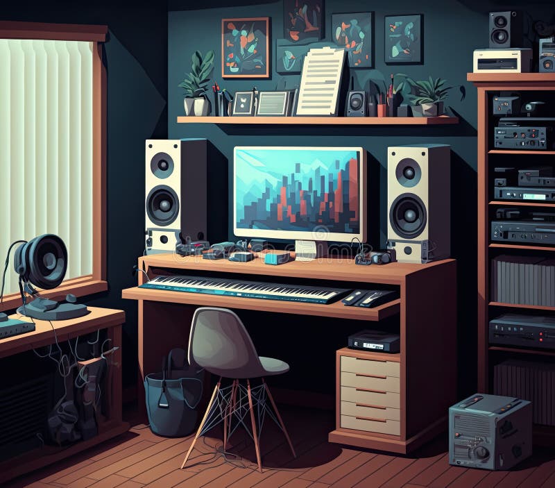 Home Music Studio Set Up with Computer and Speaker on Working Desk ...