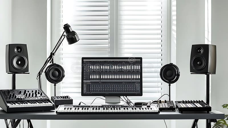 Home Music Studio Setup with Computer, Speakers, Keyboard, and Mixing ...