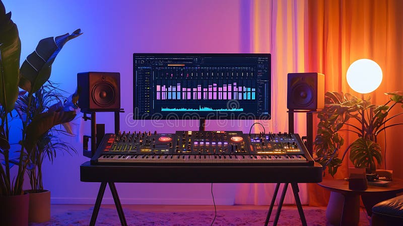 Home Music Studio Setup with Synthesizer, Monitor Speakers, and ...