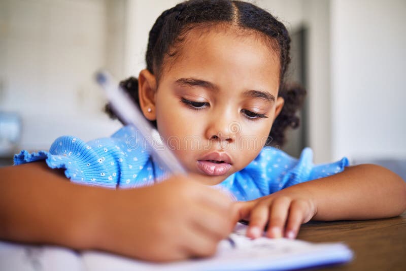 Home, Notebook and Kid Drawing, Writing or Remote Learning for ...