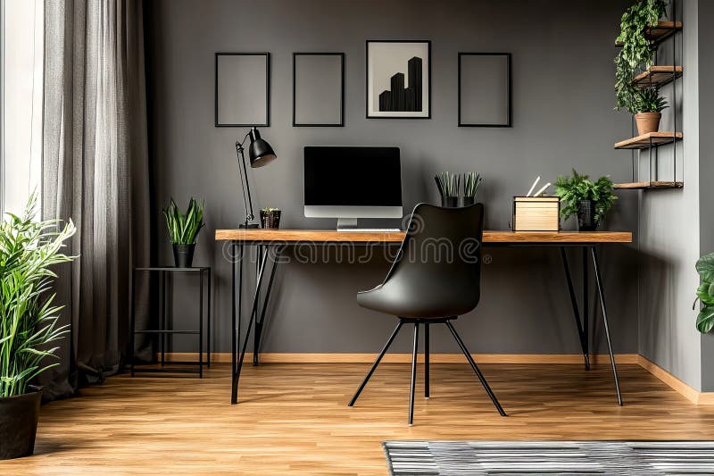 The Home Office Boasts a Modern Design with a Rustic Desk, Grey Walls ...
