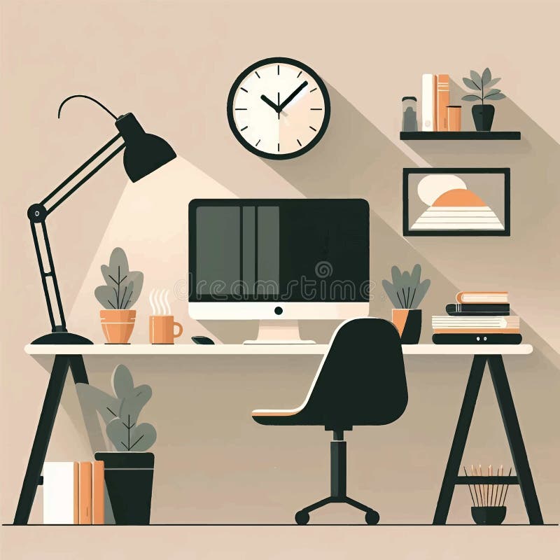 Home Office with Computer, Clock, and Desk Stock Vector - Illustration ...