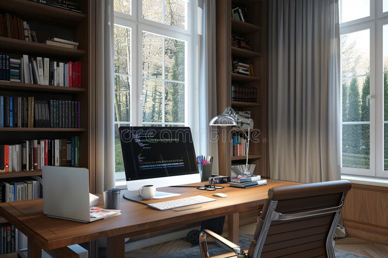 Home Office with Computers on Table Stock Illustration - Illustration ...