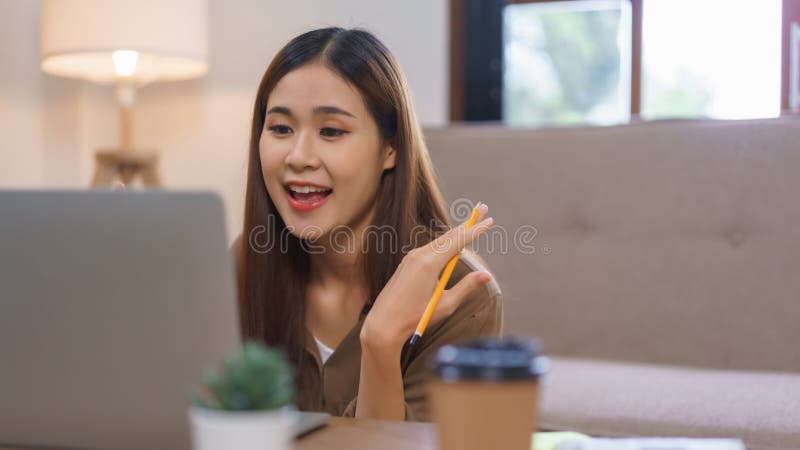 Home Office Concept, Female Freelance Talking and Explaining in Video ...