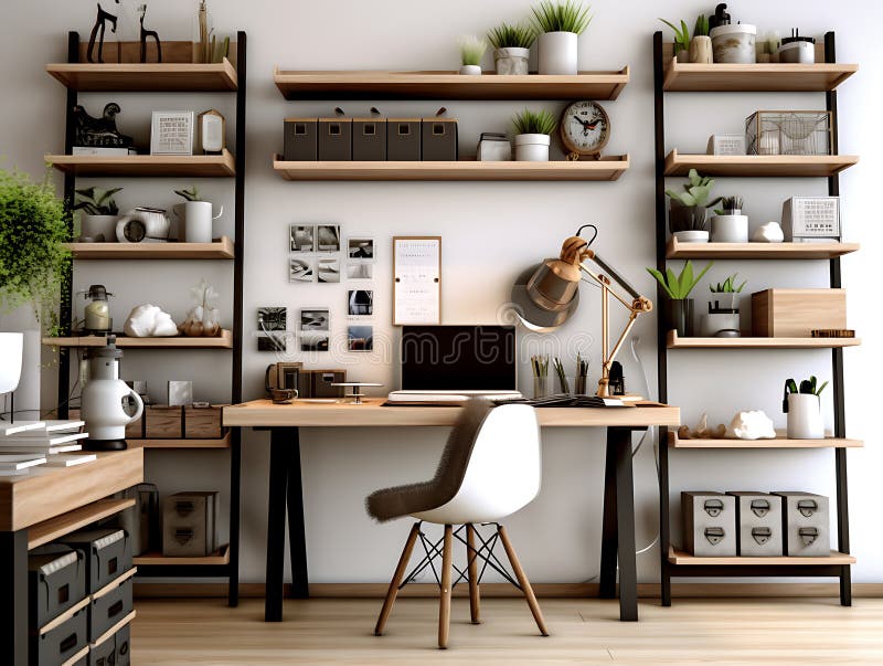 Home Office, Creative Desk with Office Supplies and White Wall. Ai ...