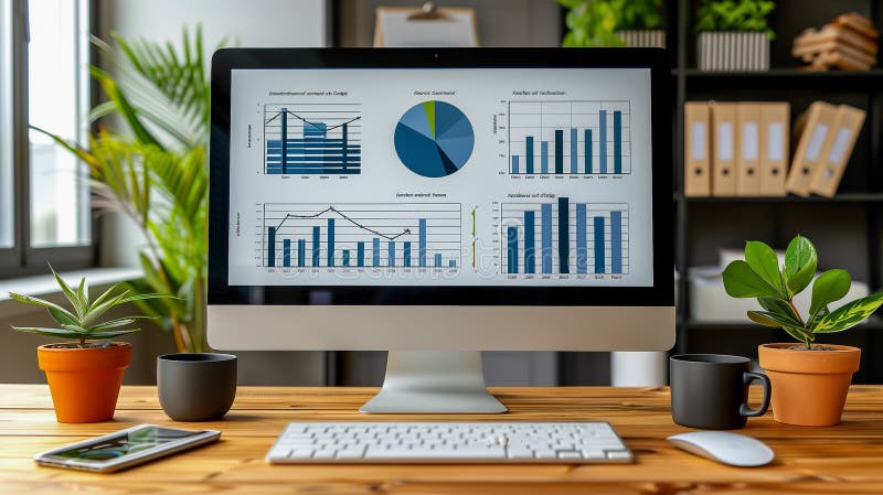 Home Office with Data Analytics on Desktop Screen Stock Illustration ...