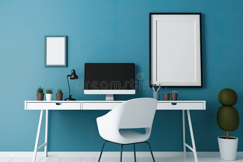 Home Office Desk with Blue Wall and White Table Mock Up Stock ...