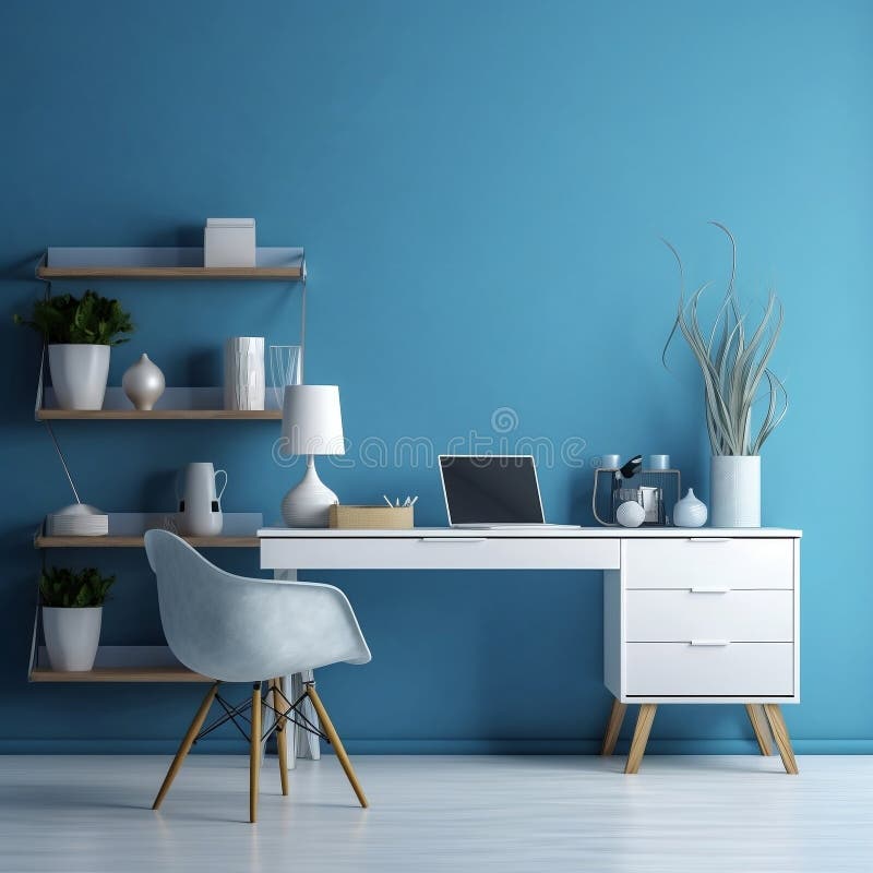 Home Office Desk with Blue Wall and White Table Mockup. Generative AI ...