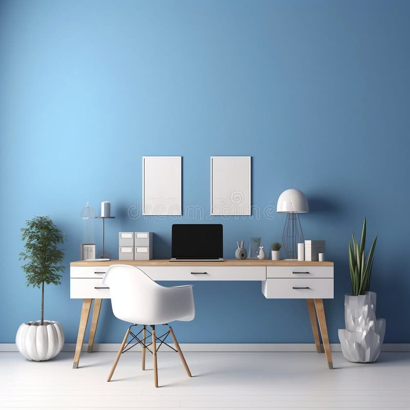 Home Office Desk with Blue Wall and White Table Mockup. Generative AI ...