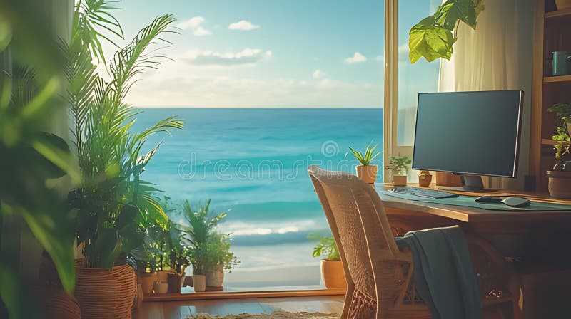 A Home Office with a Desk, Chair, Computer, and Plants with a Beautiful ...