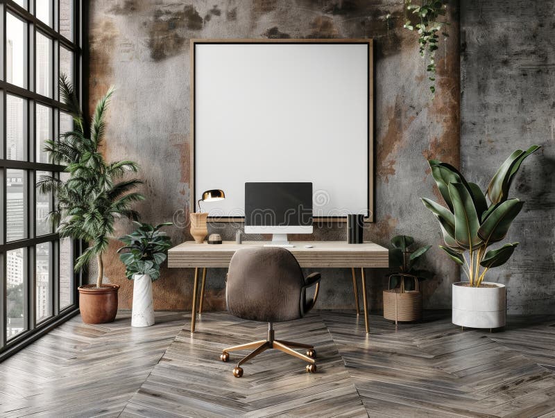 Home Office with Desk, Chair, Computer, and Plants for a Cozy Work ...