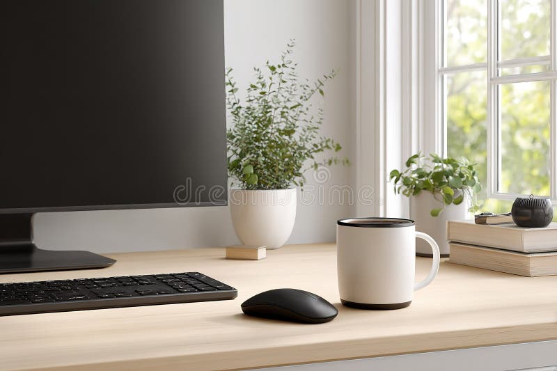 Home Office Desk with Coffee Mug Stock Illustration - Illustration of ...