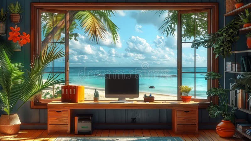 Tropical Beach View from a Home Office Desk Stock Photo - Image of ...
