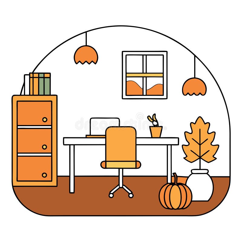 A Home Office with a Desk Decorated with Fall Leaves and Pumpkins ...