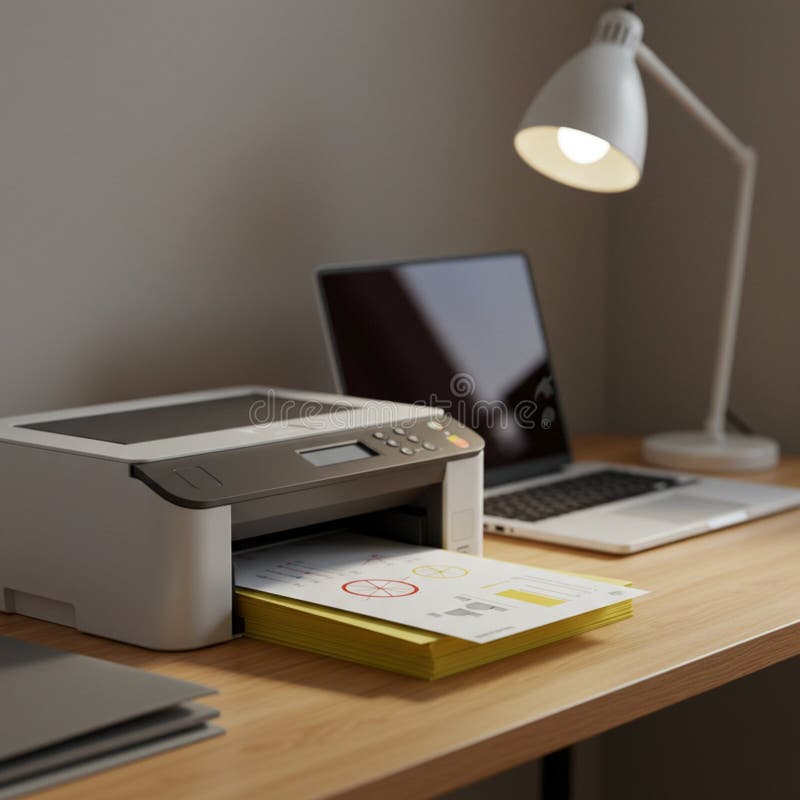 A Home Office Desk Features a Printer Actively Printing Documents Onto ...