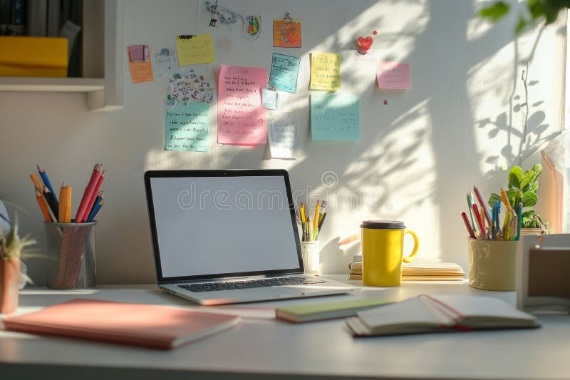 Home Office Desk Featuring a Laptop, Colorful Sticky Notes on the Wall ...