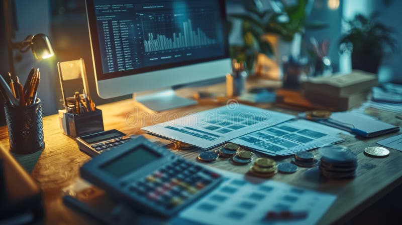 Home Office Desk with Financial Reports and Computer Stock Photo ...