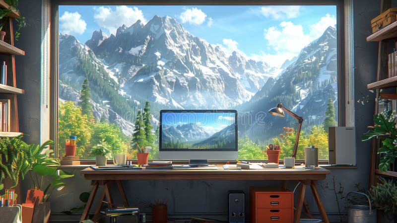 Mountain View from a Home Office Desk Stock Image - Image of digital ...