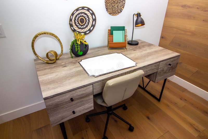 Home Office Desk with Light Wood Desk Stock Photo - Image of ...