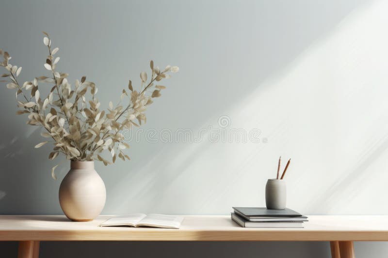 Home Office Desk in a Neutral Color Palette. a Vase, a Stack of ...