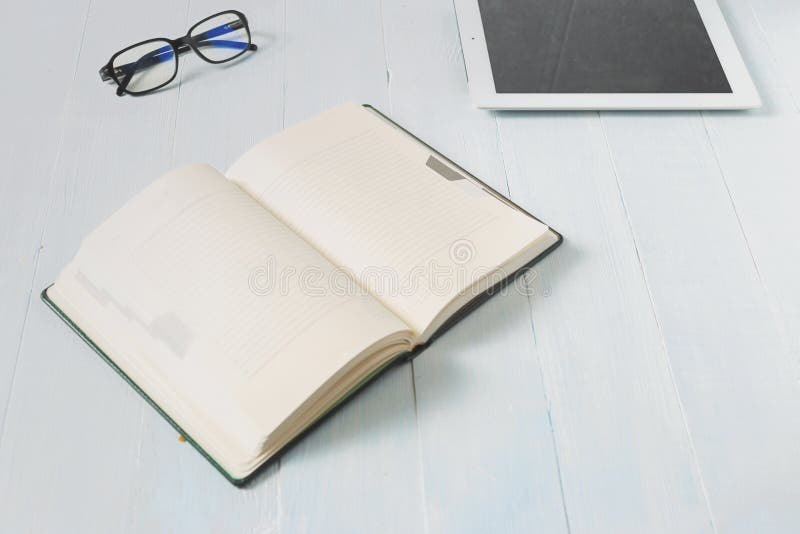 Home Office Desk Open Notebook Stock Photo - Image of creative, drink ...