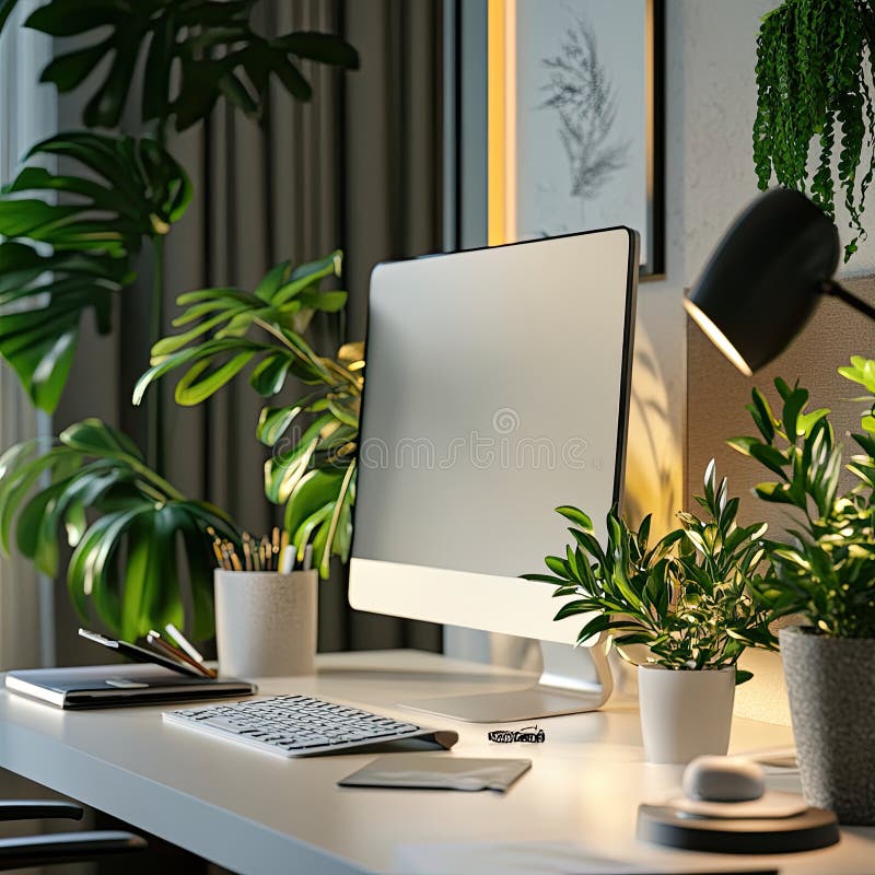 Home Office Desk with Plants and Computer Stock Illustration ...