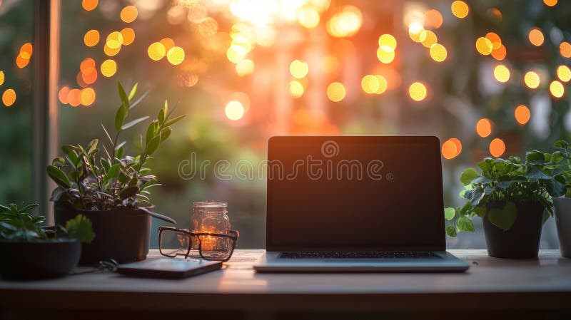 Home Office Desk with Plants and Laptop at Sunset Stock Image - Image ...