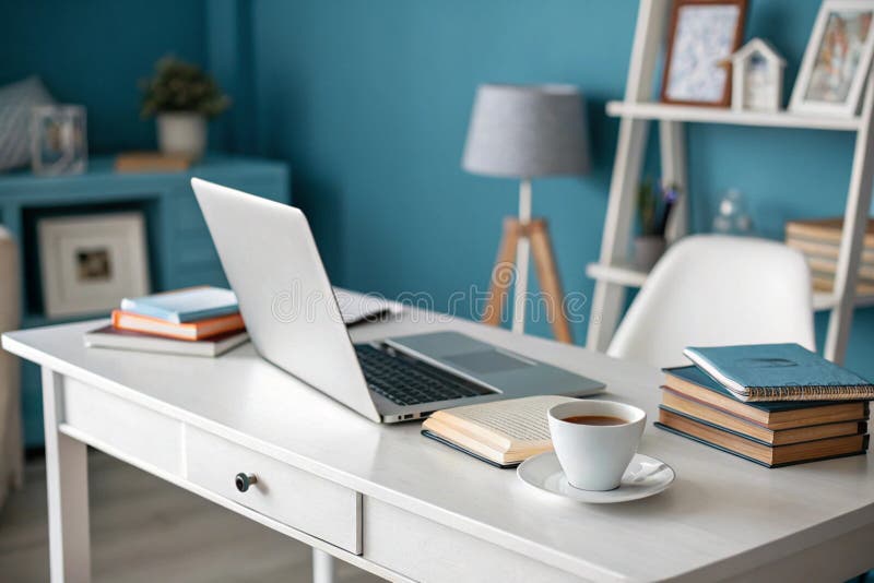 Home Office Desk with Blue Wall and White Table Mock Up Stock ...