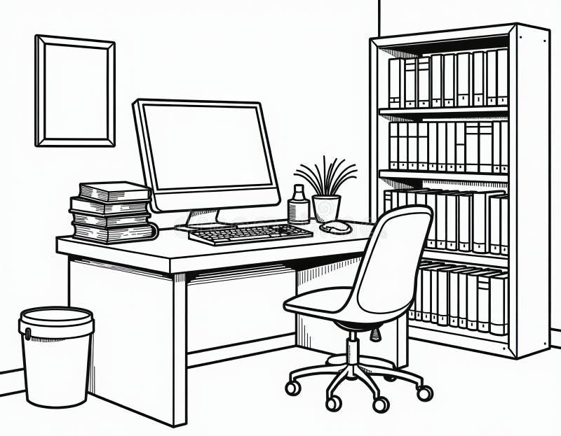 Home Office Desk Setup - Line Art Illustration Stock Illustration ...
