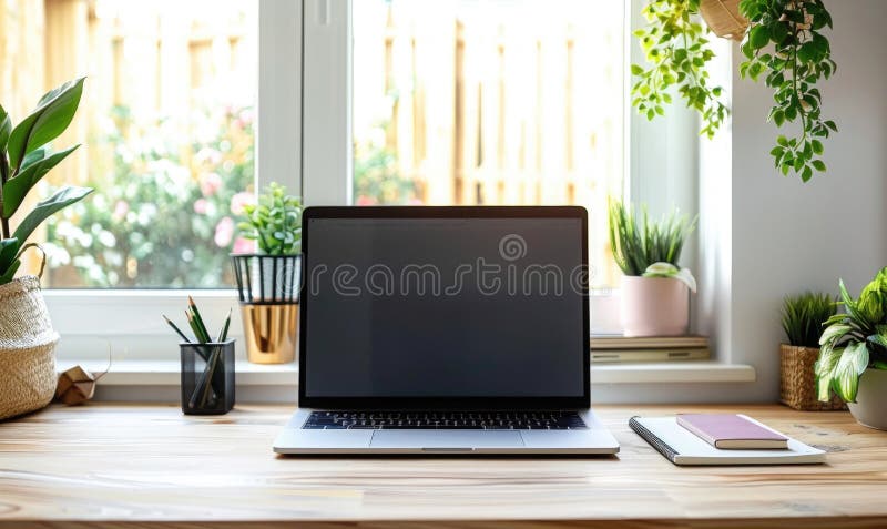 Home Office Desk, Sleek Laptop on Wooden Surface Stock Image - Image of ...