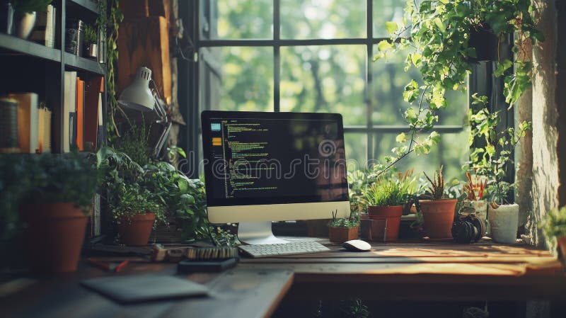 Home Office with a Desktop Computer Surrounded by Plants Stock Photo ...
